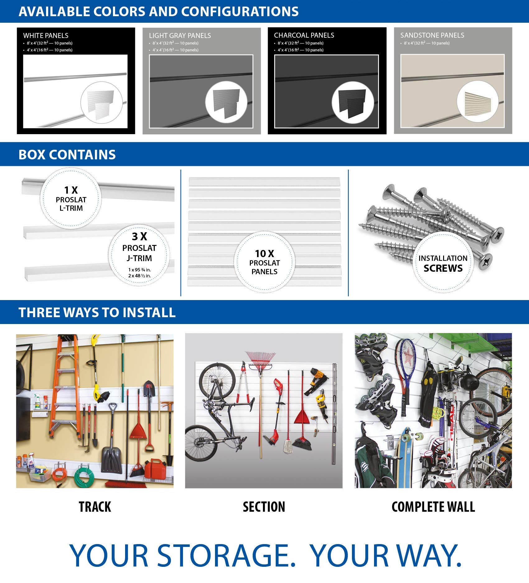 Proslat Garage Storage PVC Slatwall Panels - 4 Packs of 8 ft. x 4 ft. Sections (40 Single Slats which make up 128 sq.ft) (Charcoal) (Dark Gray)