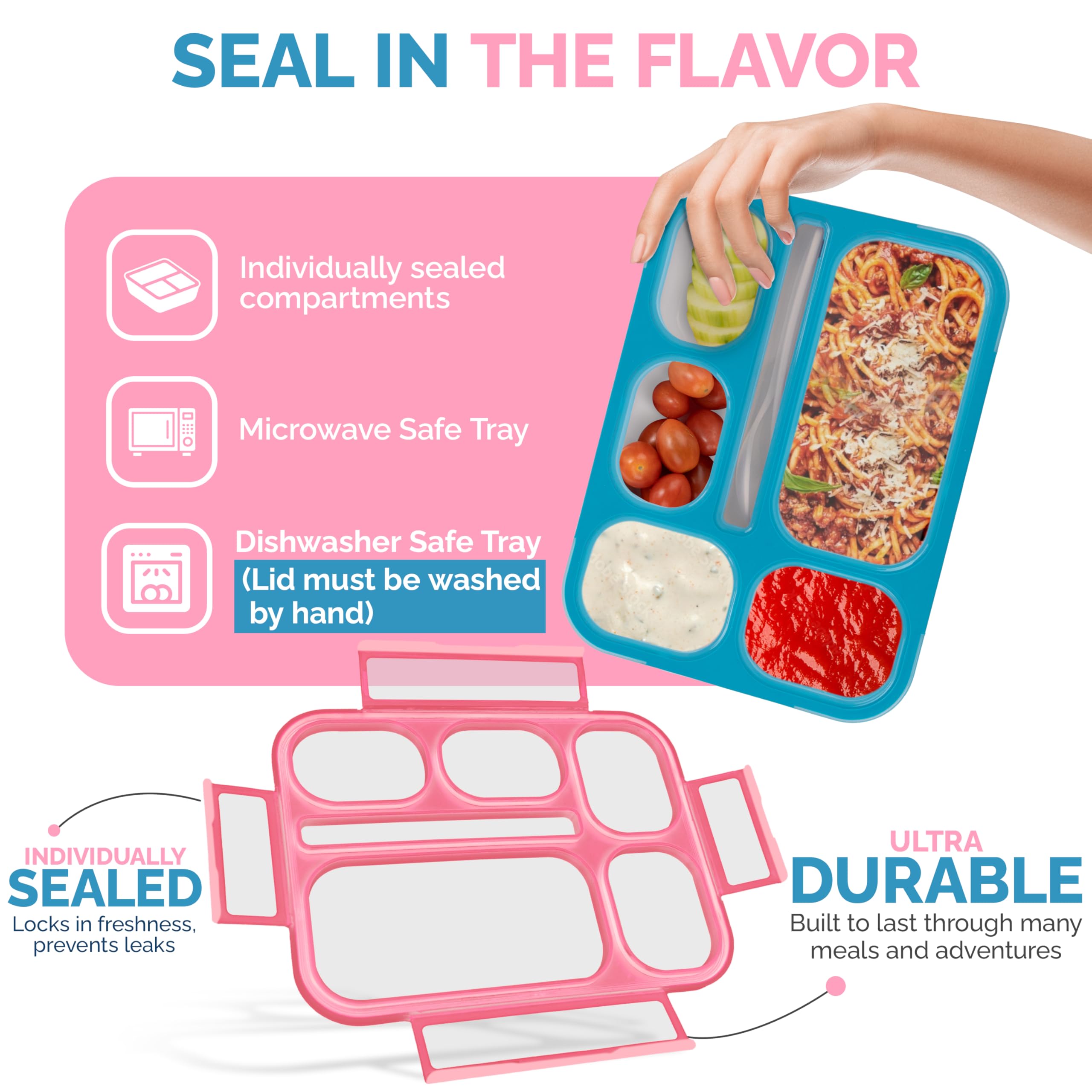 Bento Lunch Box Kids & Adult: Leakproof Lunch Containers for Boys & Girls with 6 Compartments - School, Daycare, Meal Planning Portion Control Container, BPA-Free Boxes, Utensils, Blue & Pink Set