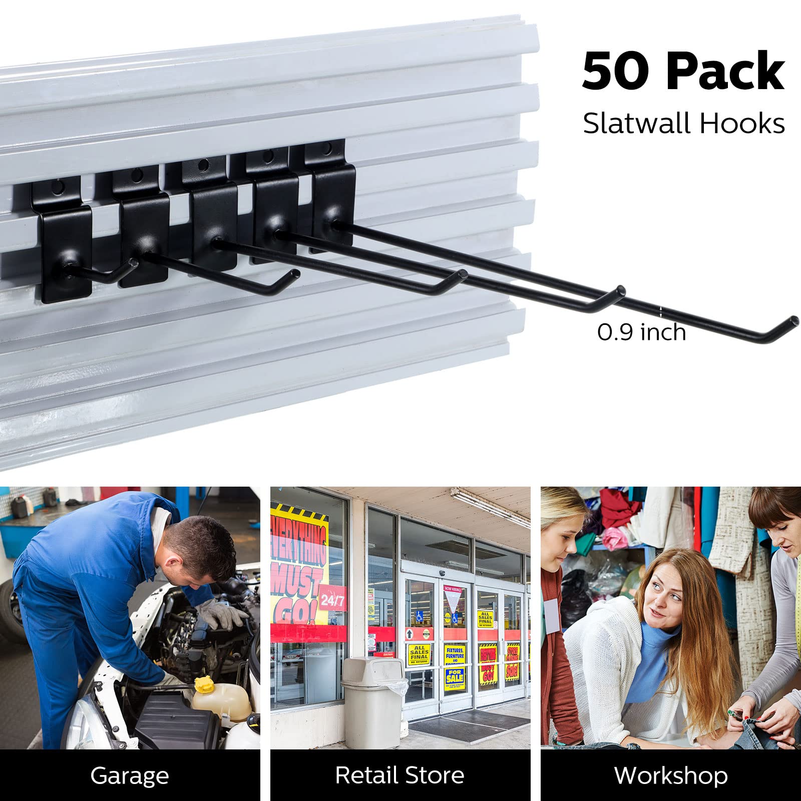 Moxweyeni 50 Packs Slatwall Hanging Hooks Display Hooks Slatwall Accessories 2", 4", 6", 8" and 10" Black Slatwall Hooks Hangers for Garage Shop Retail