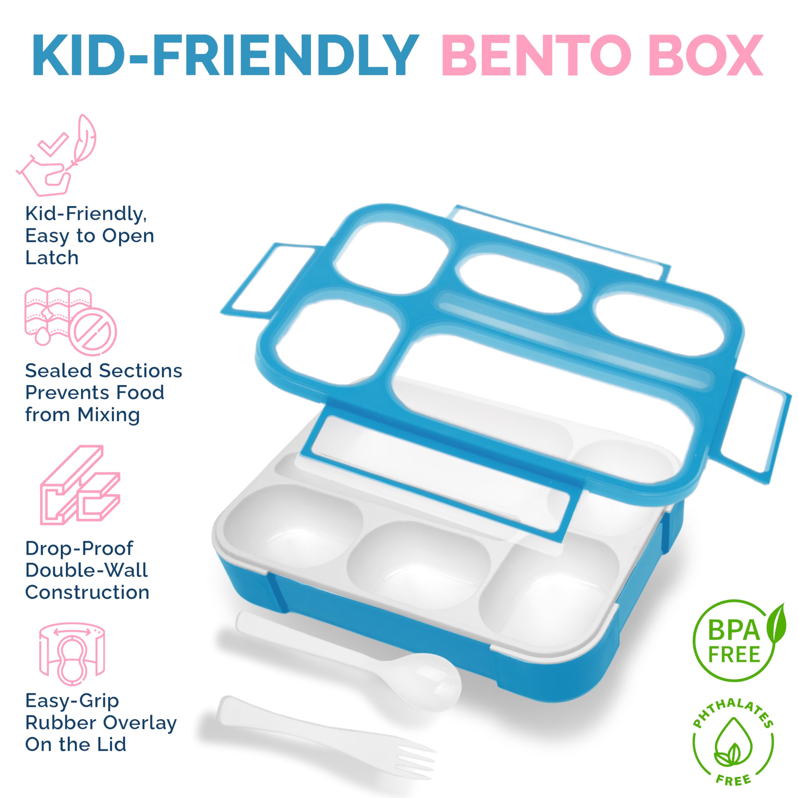 Bento Lunch Box Kids & Adult: Leakproof Lunch Containers for Boys & Girls with 6 Compartments - School, Daycare, Meal Planning Portion Control Container, BPA-Free Boxes, Utensils, Blue & Pink Set