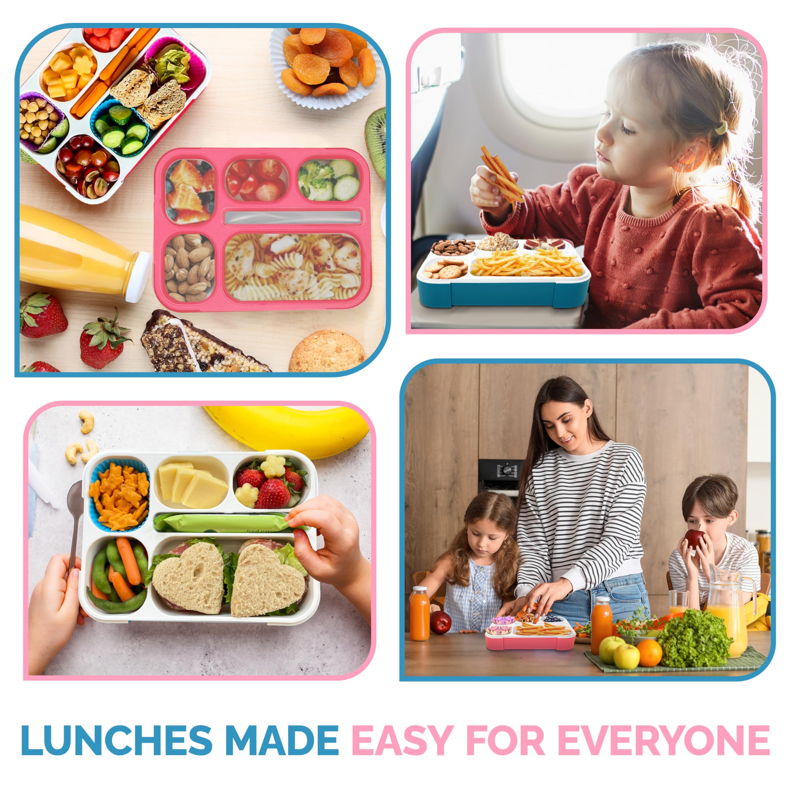 Bento Lunch Box Kids & Adult: Leakproof Lunch Containers for Boys & Girls with 6 Compartments - School, Daycare, Meal Planning Portion Control Container, BPA-Free Boxes, Utensils, Blue & Pink Set