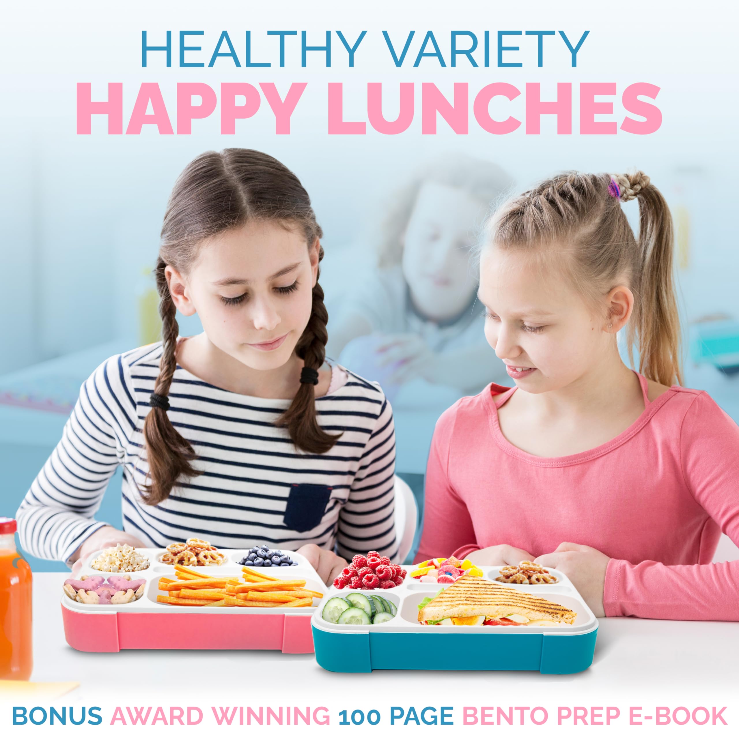Bento Lunch Box Kids & Adult: Leakproof Lunch Containers for Boys & Girls with 6 Compartments - School, Daycare, Meal Planning Portion Control Container, BPA-Free Boxes, Utensils, Blue & Pink Set