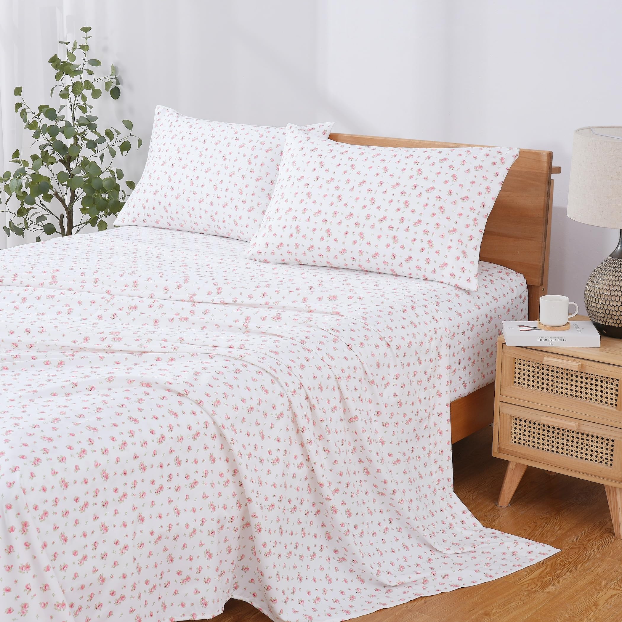 Modern Threads Soft Microfiber Printed Sheets - Luxurious Microfiber Bed Sheets - Includes Flat Sheet, Fitted Sheet with Deep Pockets, & Pillowcases Ivory Queen