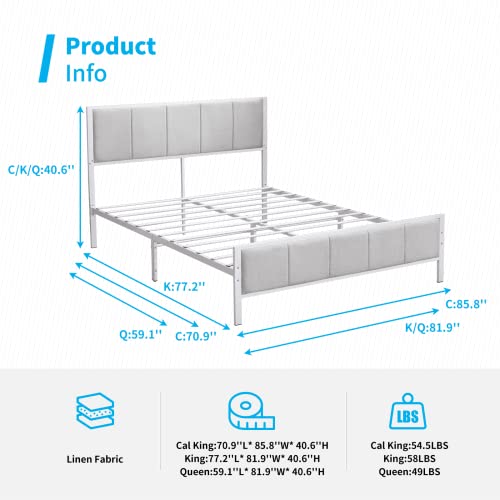 Mjkone California King Size Bed Frame, Linen Upholstered Platform Bed Bedroom, Bed Frame with Channel Tufted Headboard, No Box Spring Needed Light Gray