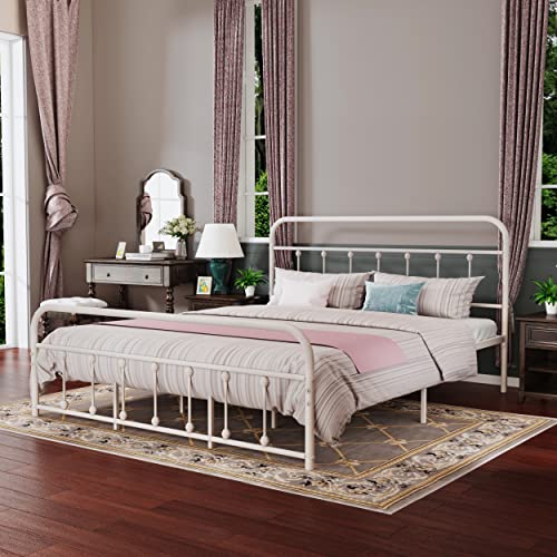 AUFANK California King Bed Frame Metal Victorian Vintage Style Headboard Footboard No Box Spring Needed Heavy Duty Steel Slat Mattress Foundation White