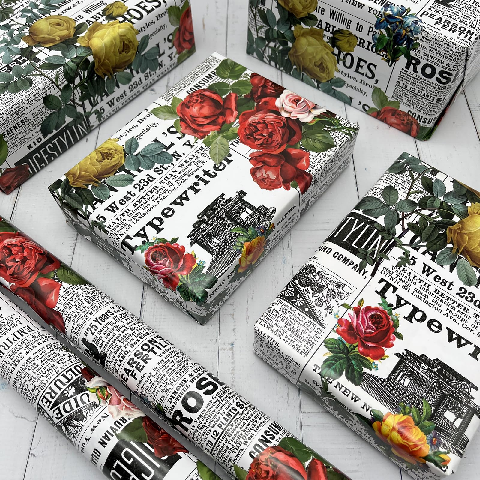 Dtiafu Vintage Newspaper Wrapping Paper Retro Floral Gift Wrap Paper - Rustic Wrapping Paper for Christmas Wedding Holiday - 20 x 28 Inch Per Sheet (6 Sheet)