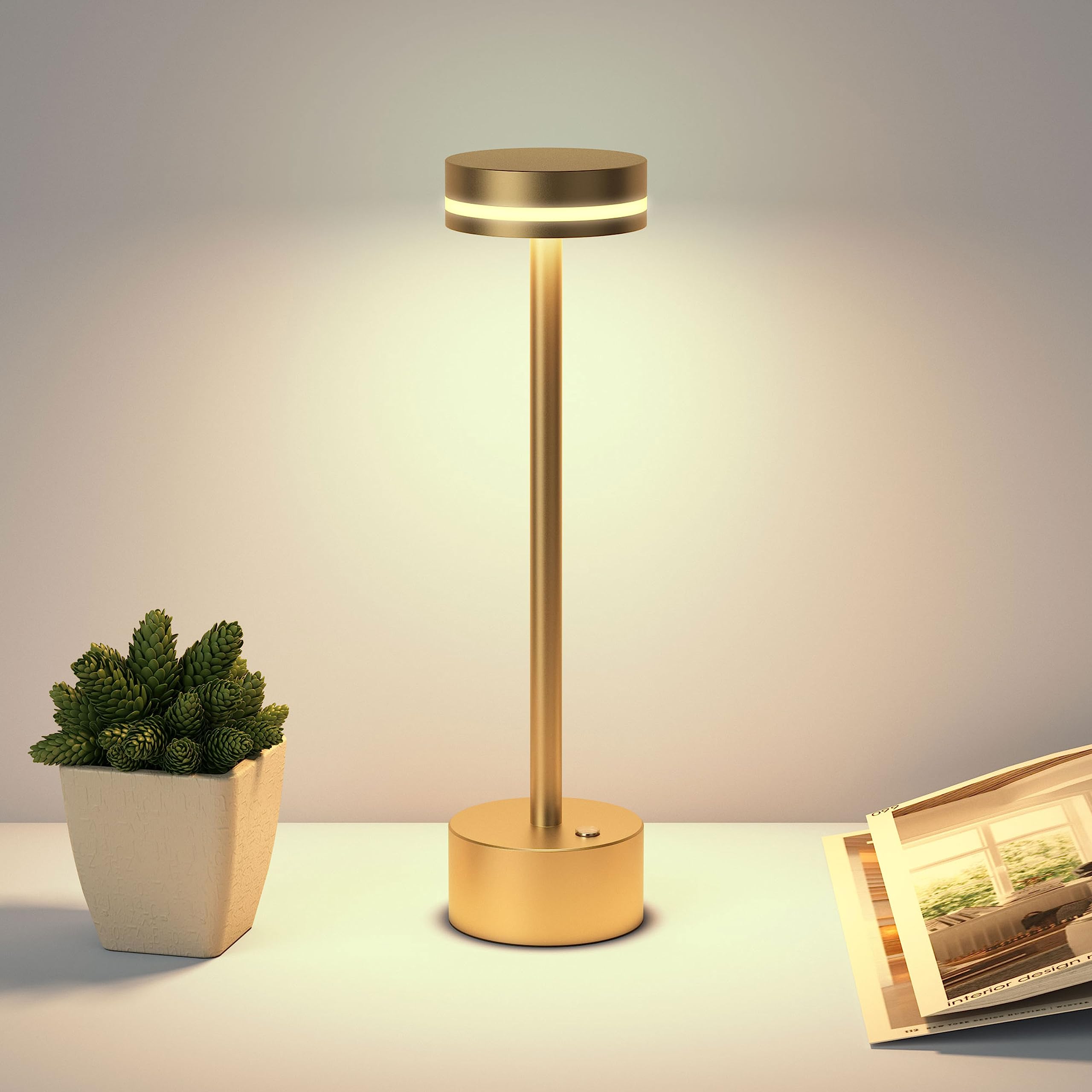 XIMIBB Cordless Table Lamp, Dimmable Battery Powered Lamp, 3000K Three Colors Portable Bedside Lamp for Outside/Patio/Restaurant/Bedroom/Home(Gold-1pcs)