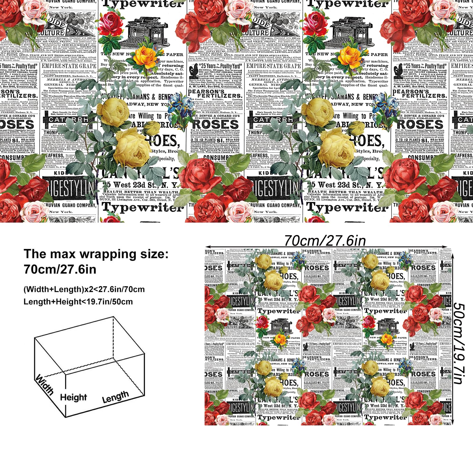 Dtiafu Vintage Newspaper Wrapping Paper Retro Floral Gift Wrap Paper - Rustic Wrapping Paper for Christmas Wedding Holiday - 20 x 28 Inch Per Sheet (6 Sheet)