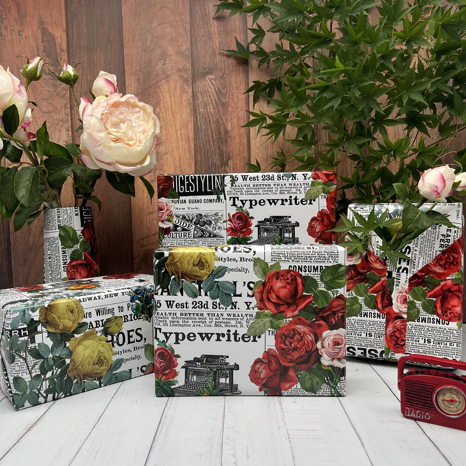 Dtiafu Vintage Newspaper Wrapping Paper Retro Floral Gift Wrap Paper - Rustic Wrapping Paper for Christmas Wedding Holiday - 20 x 28 Inch Per Sheet (6 Sheet)