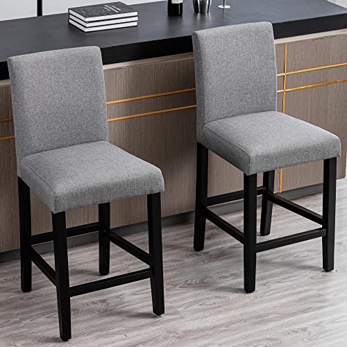 GOTMINSI Counter Height Bar Stool, Classic Upholstered 24 Inches Counter Height Stools Set of 2 barstools with Solid Wood Legs and Grey Fabric