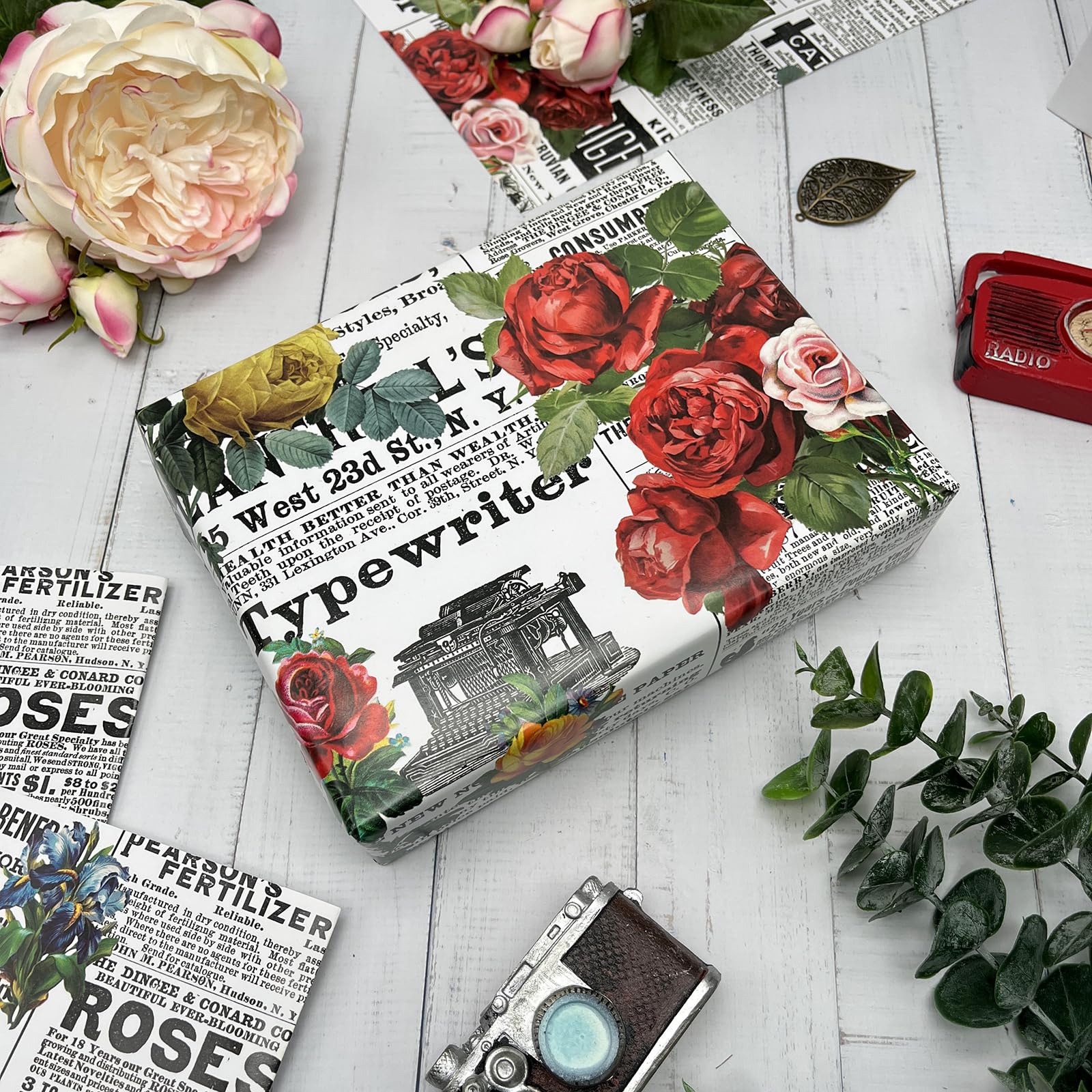 Dtiafu Vintage Newspaper Wrapping Paper Retro Floral Gift Wrap Paper - Rustic Wrapping Paper for Christmas Wedding Holiday - 20 x 28 Inch Per Sheet (6 Sheet)