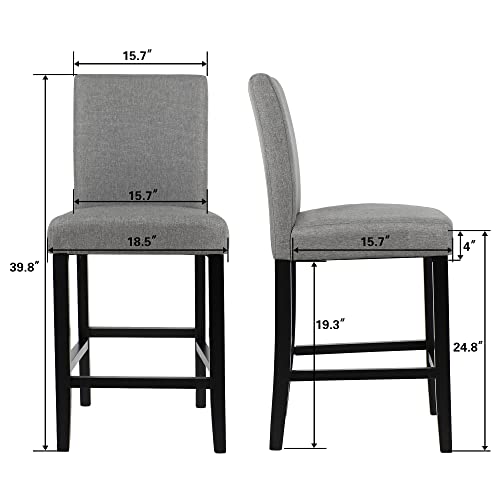 GOTMINSI Counter Height Bar Stool, Classic Upholstered 24 Inches Counter Height Stools Set of 2 barstools with Solid Wood Legs and Grey Fabric