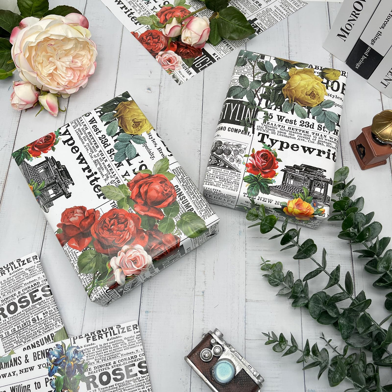 Dtiafu Vintage Newspaper Wrapping Paper Retro Floral Gift Wrap Paper - Rustic Wrapping Paper for Christmas Wedding Holiday - 20 x 28 Inch Per Sheet (6 Sheet)