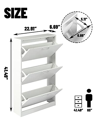 HOPUBUY Shoe Cabinet for Entryway, White Narrow Shoe Storage Cabinet Flip Down Shoe Rack Wood 3 Tier Shoe Organizer for Home and Apartment