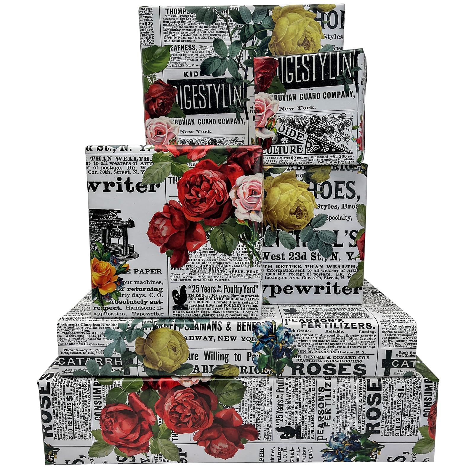 Dtiafu Vintage Newspaper Wrapping Paper Retro Floral Gift Wrap Paper - Rustic Wrapping Paper for Christmas Wedding Holiday - 20 x 28 Inch Per Sheet （6 Sheet）