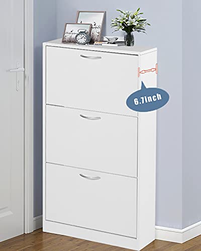 HOPUBUY Shoe Cabinet for Entryway, White Narrow Shoe Storage Cabinet Flip Down Shoe Rack Wood 3 Tier Shoe Organizer for Home and Apartment