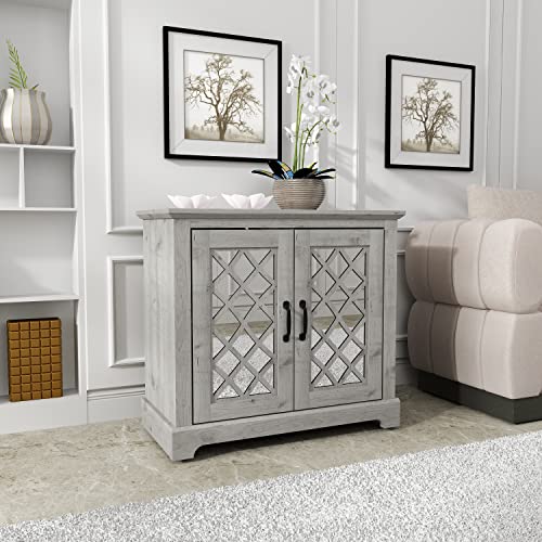 Galano Millicent 2 Door Storage Accent Cabinet - Modern Buffet with 2 Mirror Doors 2 Tier - Organizers and Storage β Console for Entryway - Hallway or Living Room - (Mexican Grey)