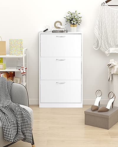 HOPUBUY Shoe Cabinet for Entryway, White Narrow Shoe Storage Cabinet Flip Down Shoe Rack Wood 3 Tier Shoe Organizer for Home and Apartment