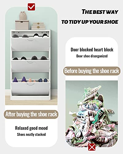 HOPUBUY Shoe Cabinet for Entryway, White Narrow Shoe Storage Cabinet Flip Down Shoe Rack Wood 3 Tier Shoe Organizer for Home and Apartment