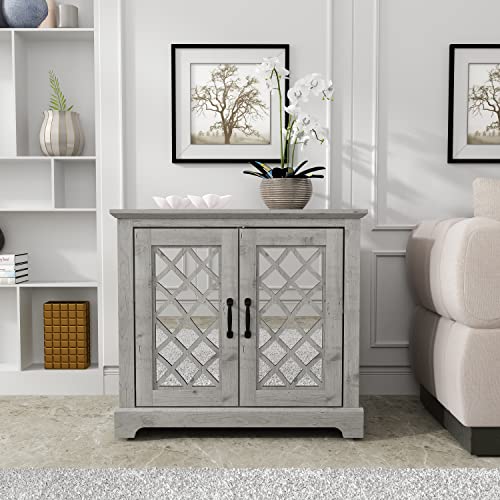 Galano Millicent 2 Door Storage Accent Cabinet - Modern Buffet with 2 Mirror Doors 2 Tier - Organizers and Storage β Console for Entryway - Hallway or Living Room - (Mexican Grey)