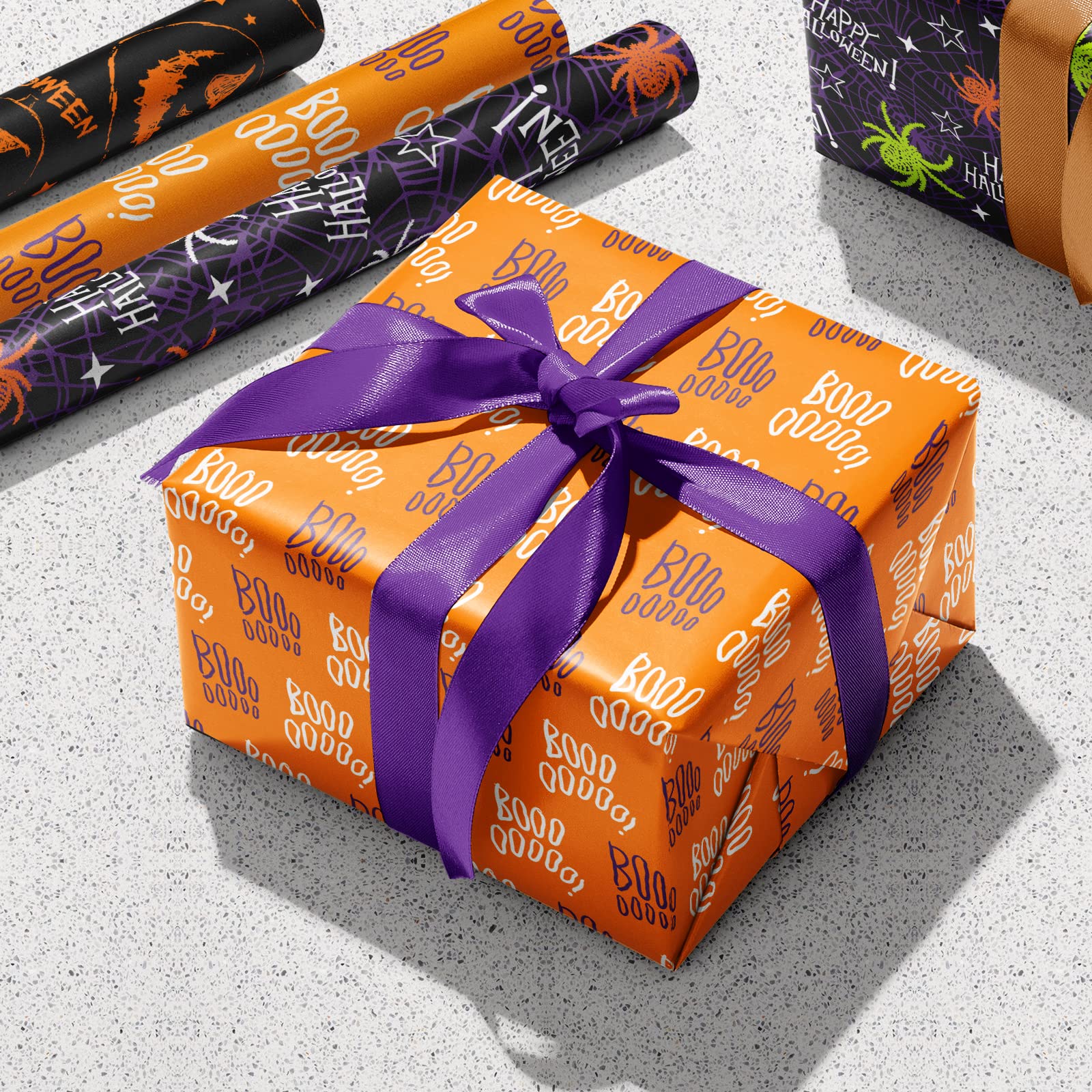 LDGOOAEL Wrapping Paper Roll with Cut Lines on Reverse - Mini Roll(17" X 120" Per Roll) - Purple Spider, Orange bat for Halloween, Birthday, Wedding, Baby Shower,Bridal Showers