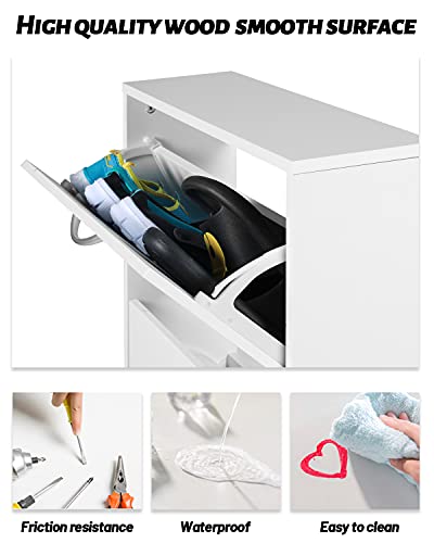 HOPUBUY Shoe Cabinet for Entryway, White Narrow Shoe Storage Cabinet Flip Down Shoe Rack Wood 3 Tier Shoe Organizer for Home and Apartment