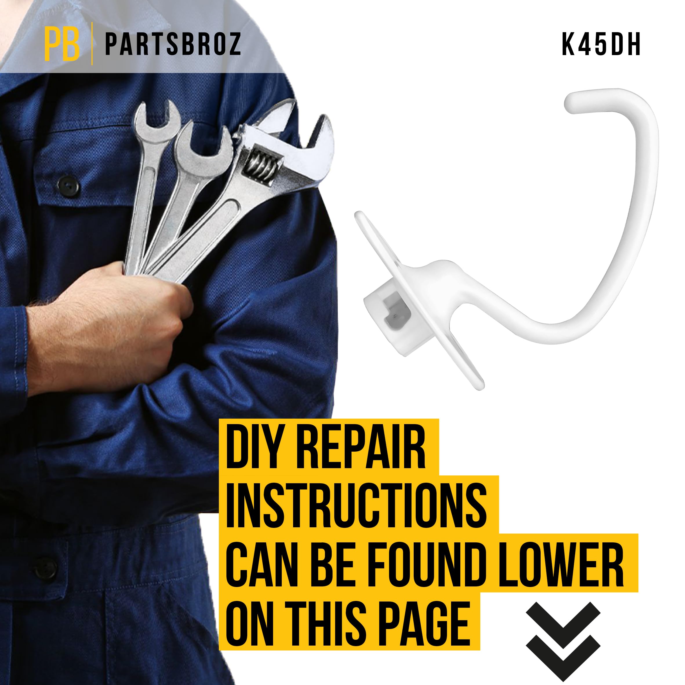 PartsBroz K45DH Dough Hook - Compatible with KitchenAid Tilt-Head Stand Mixer 4.5 Quart and 5 Quart Bowel Fits KSM95 KSM150PS K45SS KSM97 KSM150 KSM96 KSM90 KSM75 K45SSWH K45