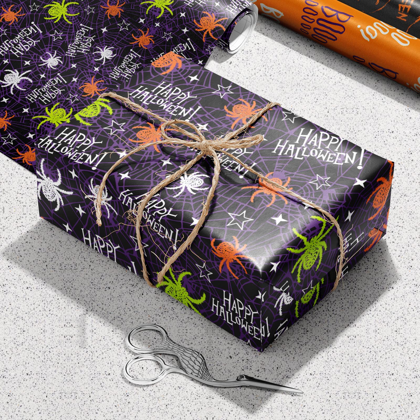LDGOOAEL Wrapping Paper Roll with Cut Lines on Reverse - Mini Roll(17" X 120" Per Roll) - Purple Spider, Orange bat for Halloween, Birthday, Wedding, Baby Shower,Bridal Showers
