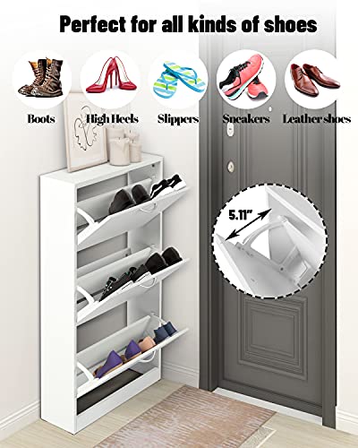 HOPUBUY Shoe Cabinet for Entryway, White Narrow Shoe Storage Cabinet Flip Down Shoe Rack Wood 3 Tier Shoe Organizer for Home and Apartment