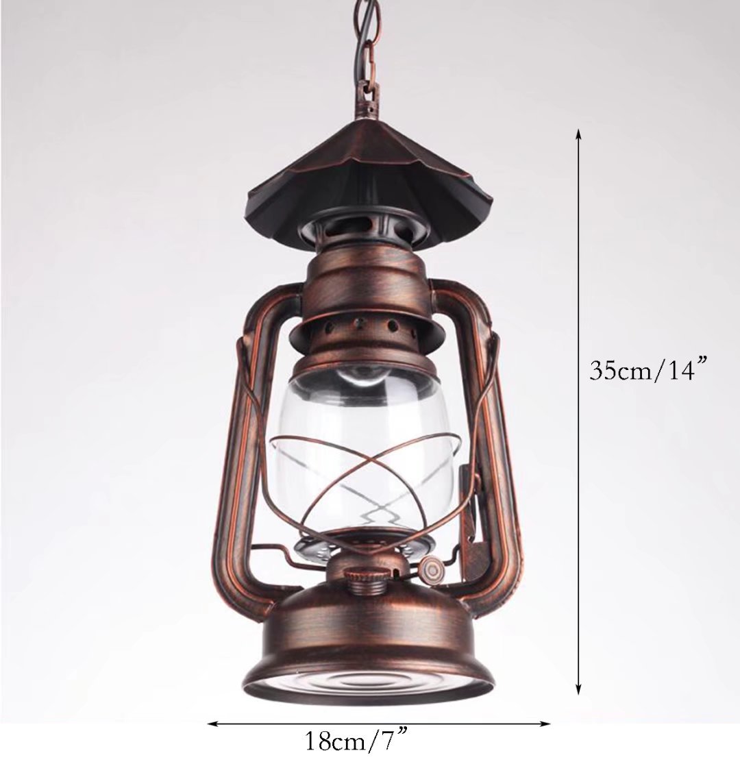 Retro Lanterne Pendant Lighting Metal Glass Shade Kerosene Ceiling Light Pendant Lamp,Red Bronze Finish