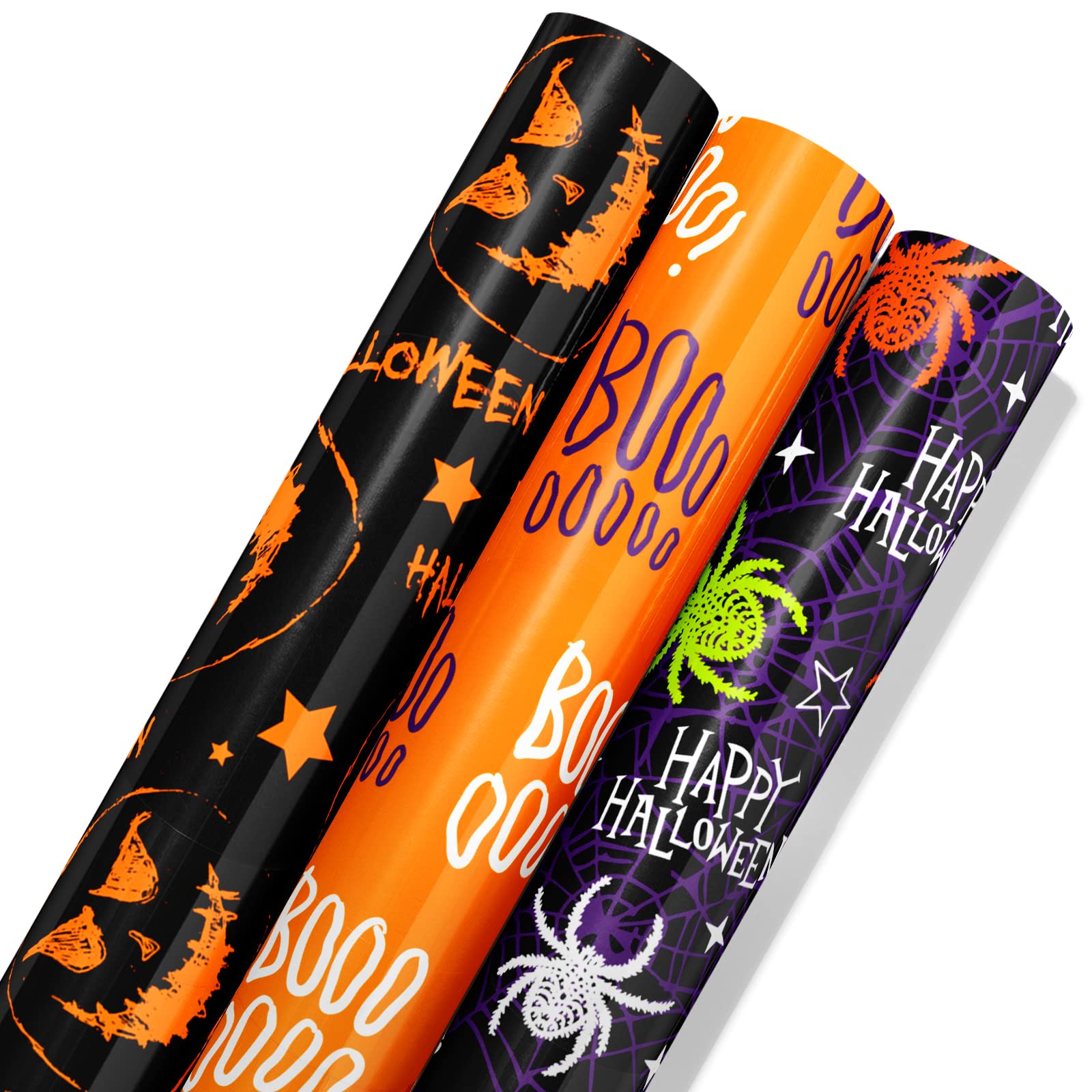 LDGOOAEL Wrapping Paper Roll with Cut Lines on Reverse - Mini Roll(17" X 120" Per Roll) - Purple Spider, Orange bat for Halloween, Birthday, Wedding, Baby Shower,Bridal Showers
