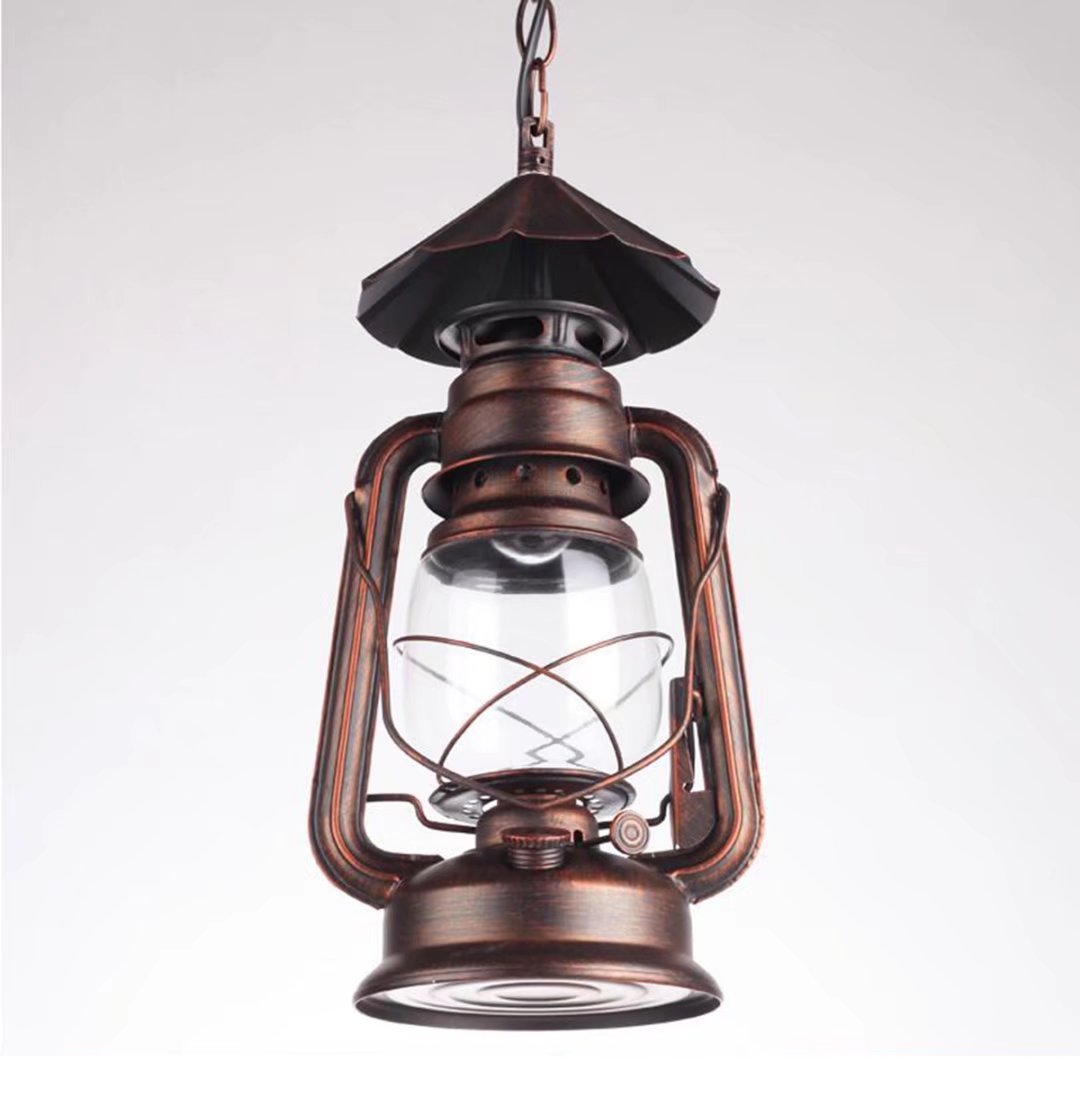 Retro Lanterne Pendant Lighting Metal Glass Shade Kerosene Ceiling Light Pendant Lamp,Red Bronze Finish