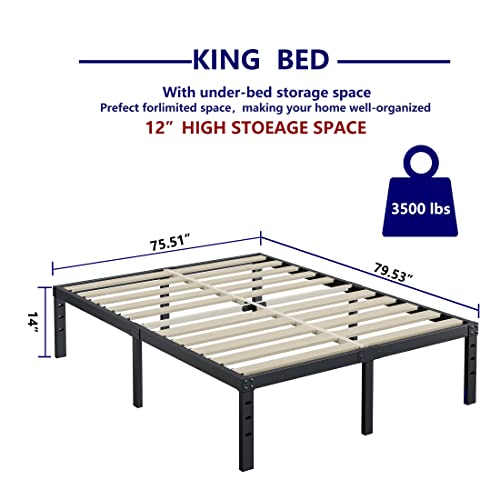 ZIYOO King Size Bed Frame 14Inches High 3 Inches Wide Wood Slats with 3500 Pounds Heavy Duty Support for Foam Mattress, No Box Spring Needed, Easy Assembly, Noise Free