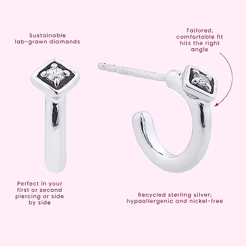 Seed2Stone - Sustainable Silver Hoop Earrings Made with Recycled Metal, Fitted Lab Grown Diamond Earrings with a Minimalist Design, Real Diamond Earrings for Women and Men (Sterling Silver)