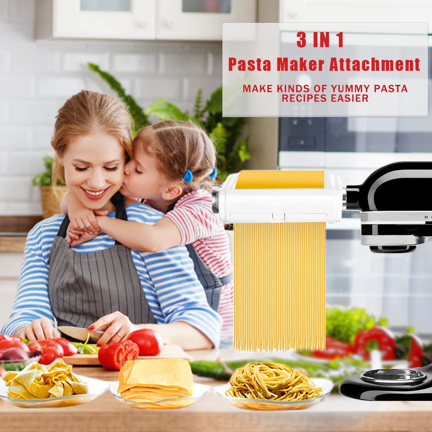 Pasta Maker Attachment for Kitchenaid/Cuisinart Stand Mixers, FDA Certified Noodle Maker- Pasta Roller Fettuccine Spaghetti Cutter 3 in 1, Pasta Roller and Cutter Set with Cleaning Brush