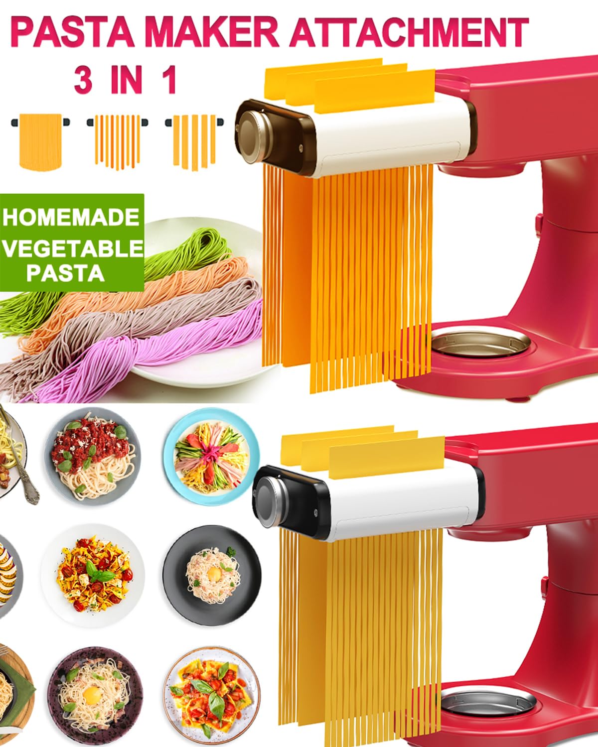 Pasta Maker Attachment for Kitchenaid/Cuisinart Stand Mixers, FDA Certified Noodle Maker- Pasta Roller Fettuccine Spaghetti Cutter 3 in 1, Pasta Roller and Cutter Set with Cleaning Brush