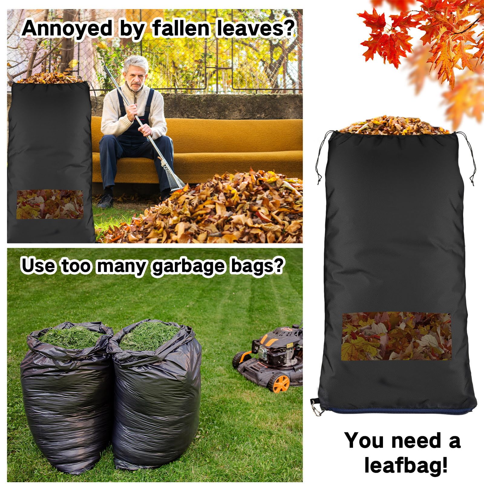 Patelai Lawn Tractor Leaf Bag Grass Catcher Bag for Riding Lawn Mower, 78.7 x 52 Inch Reusable Large Capacity Leaf Bag with Zipper and Vent for Leaf Collection, Heavy Duty Material Collection Systems