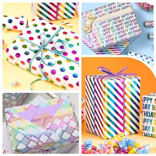 Egcina Present Rainbow Wrapping Paper, 10 Sheets Birthday Christmas Wedding BabyShower Present Foil Wrapping Paper for Kids, Adults, Princess Pink Barbie Rainbow Happy Birthday