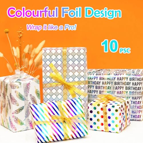 Egcina Present Rainbow Wrapping Paper, 10 Sheets Birthday Christmas Wedding BabyShower Present Foil Wrapping Paper for Kids, Adults, Princess Pink Barbie Rainbow Happy Birthday