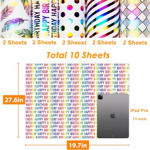 Egcina Present Rainbow Wrapping Paper, 10 Sheets Birthday Christmas Wedding BabyShower Present Foil Wrapping Paper for Kids, Adults, Princess Pink Barbie Rainbow Happy Birthday