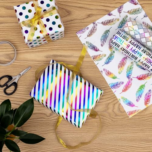 Egcina Present Rainbow Wrapping Paper, 10 Sheets Birthday Christmas Wedding BabyShower Present Foil Wrapping Paper for Kids, Adults, Princess Pink Barbie Rainbow Happy Birthday