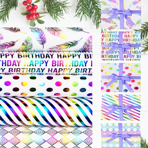 Egcina Present Rainbow Wrapping Paper, 10 Sheets Birthday Christmas Wedding BabyShower Present Foil Wrapping Paper for Kids, Adults, Princess Pink Barbie Rainbow Happy Birthday