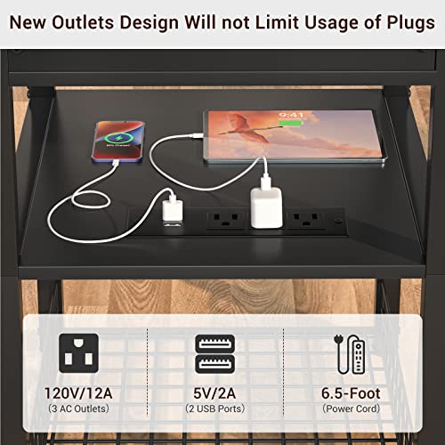 Cyclysio Nightstand Set of 2 with Charging Station, End Table Side Table with USB Ports and Outlets, Modern Flip Top Night Stands with Shelves, Slim Bedside Sofa Table for Living Room, Bedroom, Black