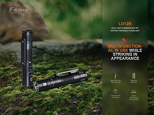 Fenix LD12R EDC Flashlight, 600 Lumen USB-C Rechargeable, AA Compatible, Main and Side Dual LEDs Work Light with Magnetic Clip and Lumentac AA Organizer