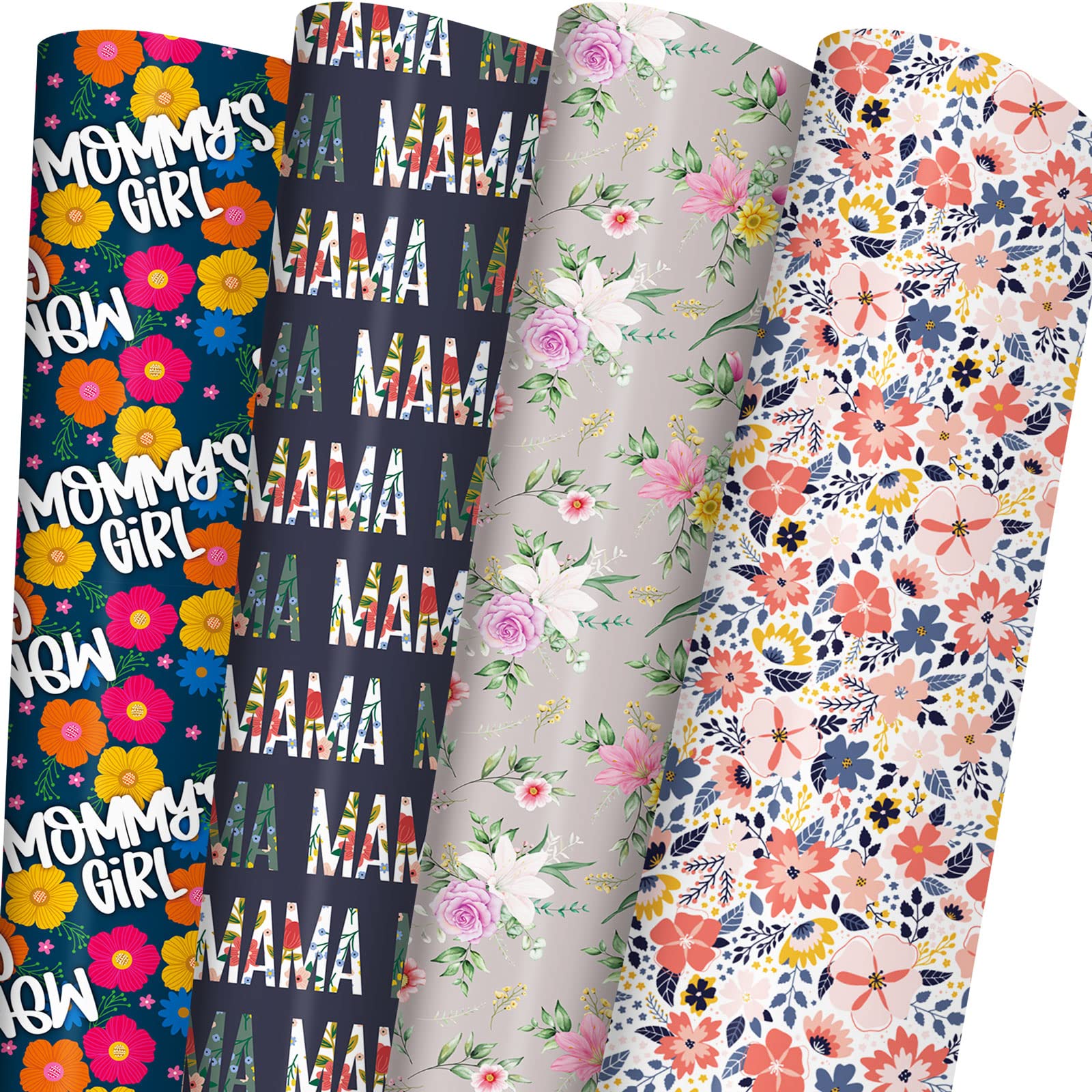 WAPLIGHAL Floral Wrapping Paper - Colorful Floral, Peony, MAMA and Mommys Girl Letter Designs - 8 Folded Sheets (20 x 29 Inches)