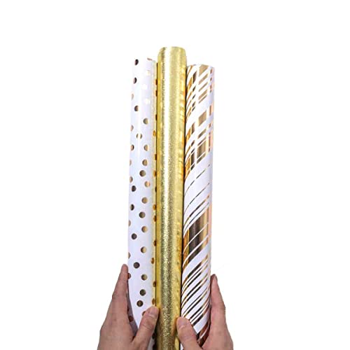 AimtoHome Wrapping Paper Roll Paper Gift Wrap 17 Inch X 120 Inch Per Roll 3 Different Gold Pattern Design (42.3 sq.ft.ttl)