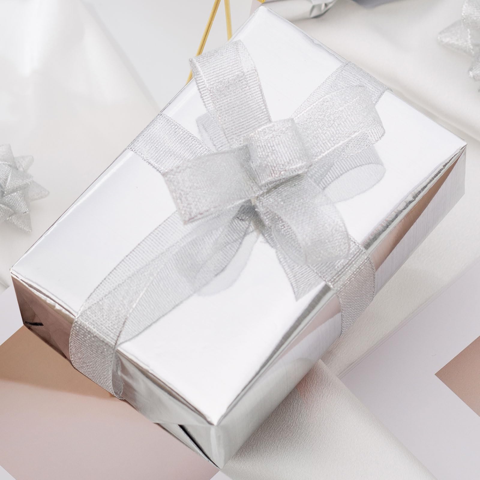 Flyhill Silver Wrapping Paper-17inch*32.8ft(46.8 sq.ft.-Metallic Solid Color with Mirror Finish Gift Wrap for Birthday,Wedding,Bridal Shower,Mothers Day