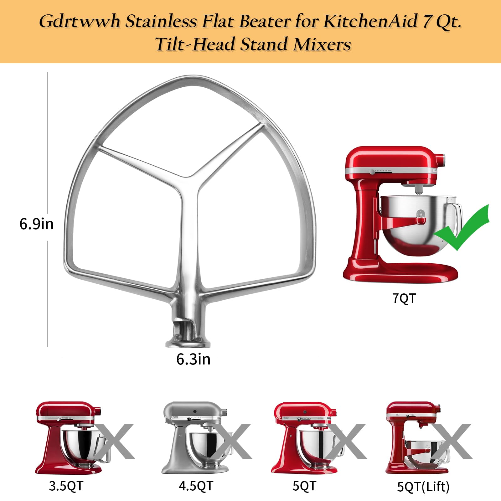 Gdrtwwh Stainless Steel Flat Beater Attachment for KitchenAid 7 Quart Bowl Lift Stand Mixer,Replacement Parts Bread Hook, Dishwasher Safe(Replace KA7QCFB)