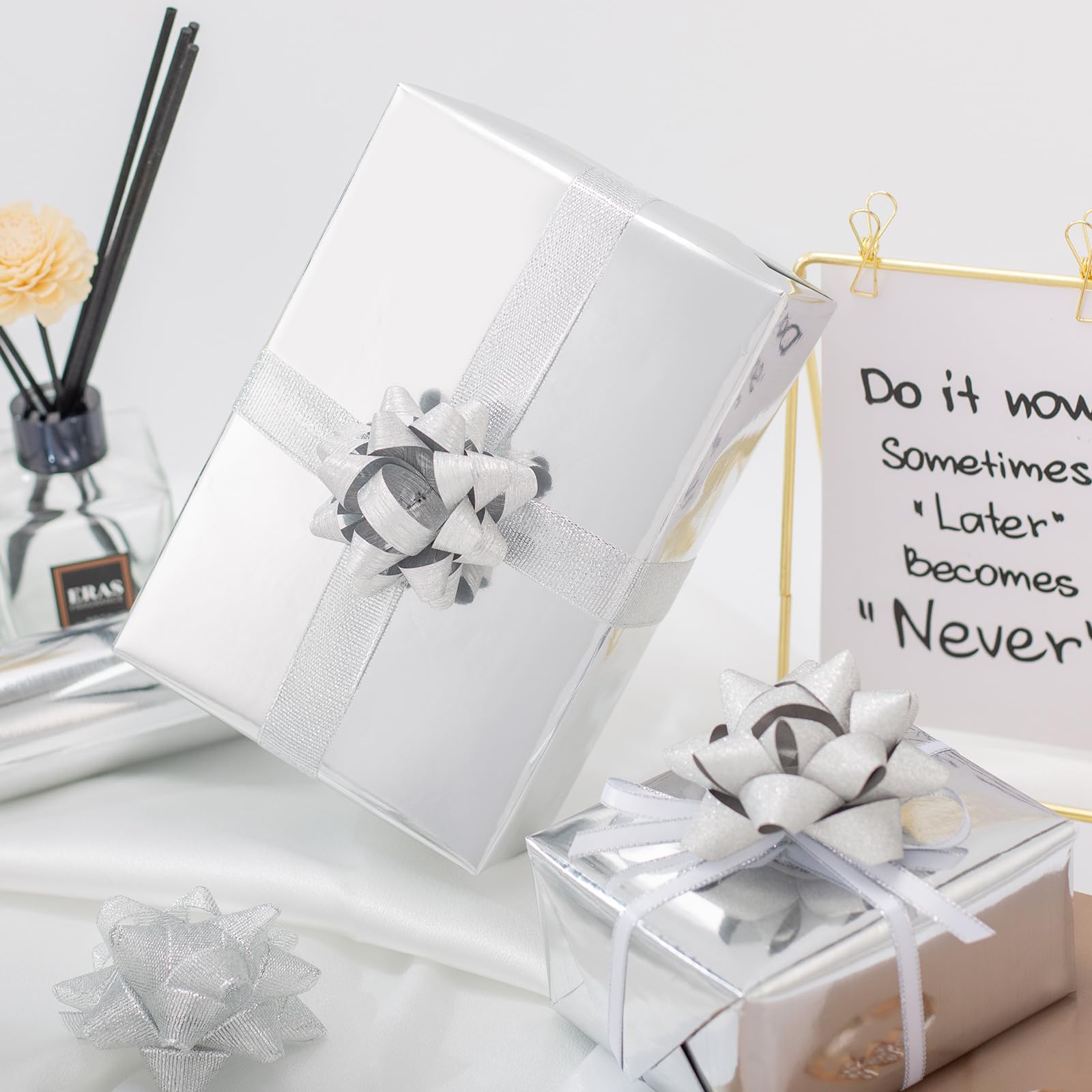 Flyhill Silver Wrapping Paper-17inch*32.8ft(46.8 sq.ft.-Metallic Solid Color with Mirror Finish Gift Wrap for Birthday,Wedding,Bridal Shower,Mothers Day