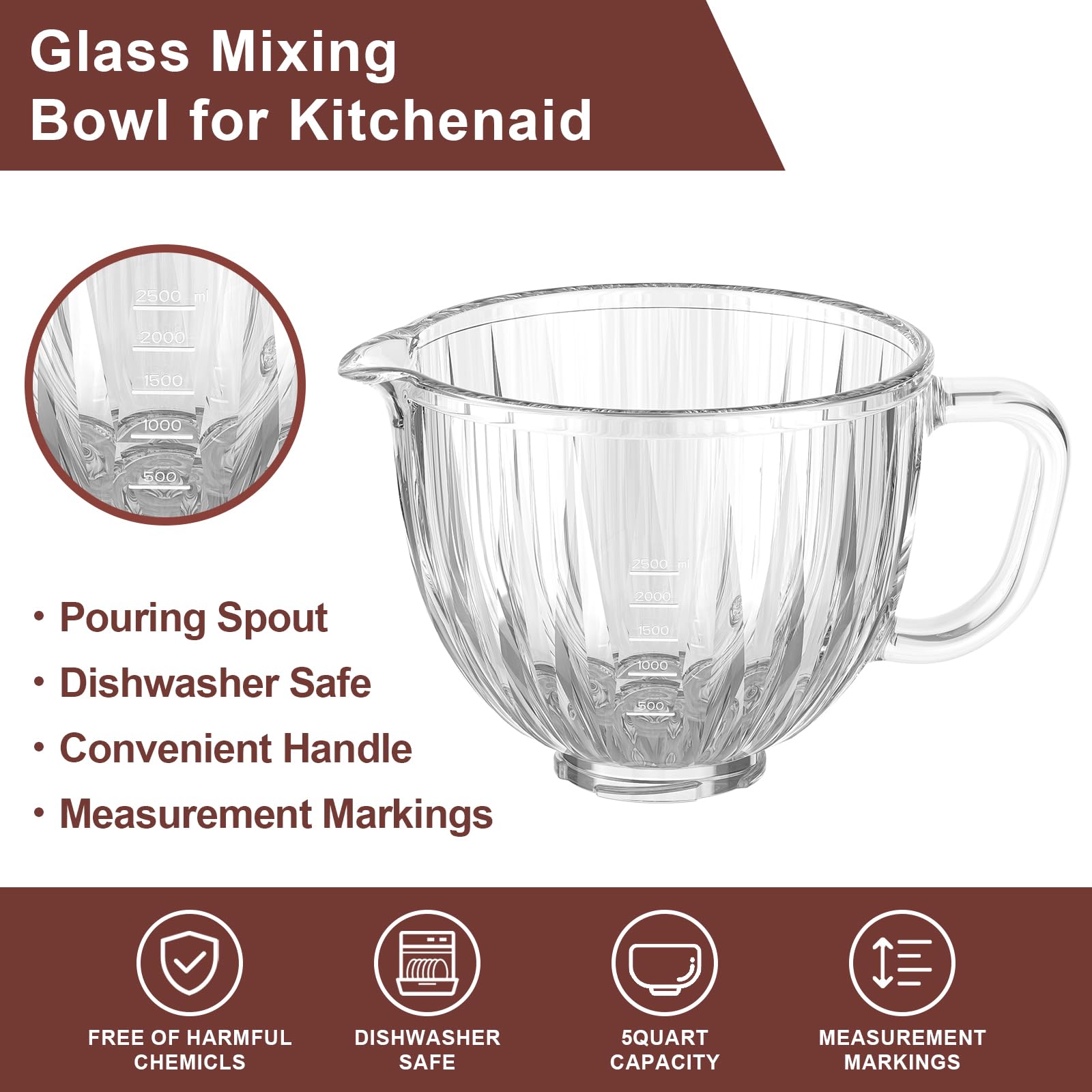 Glass Mixer Bowl for Kitchenaid 4.5-5QT Tilt-Head Stand Mixer, 5 Quart Glass Bowl with Measurement Markings, Glass Mixing Bowl with Kitchenaid Artisan Mixer, Refrigerator & Dishwasher Safe by InnoMoon